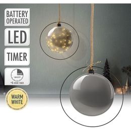 ECD Germany Led Weihnachtskugel, Ø18 cm, Grau, aus Metall, mit 30 warmweißen LEDs, 80cm Seil, Glaskugel mit Beleuchtung & Metallring, batteriebetrieb & Timer,