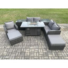 Fimous - Outdoor Sofa Rattan Gartenmöbel Set Patio Gas Feuerstelle Esstisch und Liegestuhl Set mit 2 Beistelltischen 2 Big Foothocker Dunkelgrau