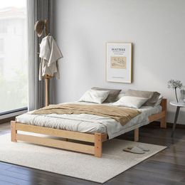 Solide Massivholzbett Futonbett Massivholz Natur Bett aus mit Kopfteil und Lattenrost, 200x140cm FFYCDE000605