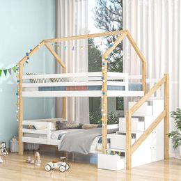 Merax Etagenbett 90x200cm mit Rausfallschutz und Dachform, Kinderbett Hausbett mit Leiterschrank und Treppe, Hochbett Klassisches Holzbett Kiefer