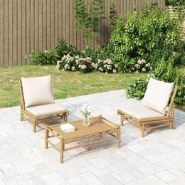 3-tlg. Garten-Lounge-Set Gartenmöbel-Set Terrassen-Sitzgruppe mit Kissen Creme Bambus ZDEH57241 MAISONCHIC