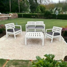 Outdoor-Lounge-Set Massa, Gartengarnitur mit 2 Sesseln, 1 Sofa und 1 Couchtisch, Innen- und Außensitzgruppe mit Kissen, 100 % Made in Italy, Weiß