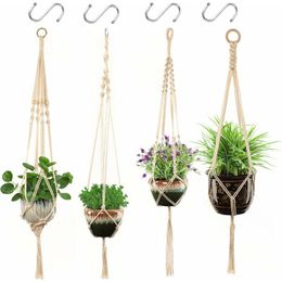 Makramee-Pflanzenaufhänger, Seil, 4 Stück, zum Aufhängen, Pflanzenhalter für den Innen- und Außenbereich, Gartendekoration mit 4 Haken zum Aufhängen
