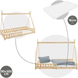 ML-Design Kinderbett Tipi mit Rausfallschutz und Lattenrost, 90x200 cm, Natur, mit Matratze H:16cm