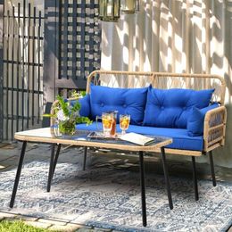 2-teilige Terrassenmöbel Allwetter-Rattan mit Kissen und Beistelltisch (Hellbraun + Marineblau) - Moasis