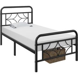 Yaheetech Bettrahmen mit Hohem Kopfteil & Fußteil, 90 x 200 cm Metallbett Einzelbett Bettgestell mit Lattenrost & Stauraum unter dem Bett, Jugendbett Rubuste