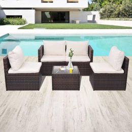 5-tlg. Garten-Lounge-Set Gartenmöbel-Set Terrassen-Sitzgruppe mit Auflagen Poly Rattan Braun ZDEH36833 MAISONCHIC