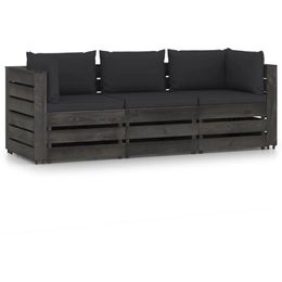 3-Sitzer Outdoor-Sofa，Gartensofa mit Kissen Grau Imprägniertes Kiefernholz vidaXL