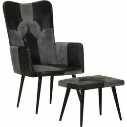 Relax-Sessel,Wohnzimmerstuhl,Armlehnstuhl,Sessel mit Hocker Schwarz Echtleder und Canvas -DE28704 - Schwarz