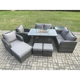 Fimous - 9-Sitzer Rattan Gartenmöbel Set Propan Gas Feuergrube Tisch und Sofa Stuhl set mit 3 Fußhocker Beistelltisch