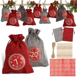 24 Adventskalender zum Befüllen, Adventskalender Stoffbeutel Säckchen mit 1-24 Sackleinen Taschen Jutesäckchen,Rot/Grau - Rot/Grau - VINGO