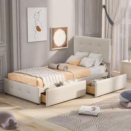 Polsterbett 90 x 200 cm Bett mit Lattenrost, Rückenlehne und zwei Schubladen, hautfreundlicher Samtstoff Beige flaches Einzelbett Kinderbett