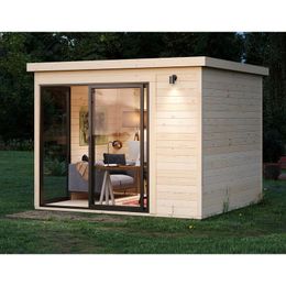 Gartenhaus Selma aus Massiv-Holz, Gerätehaus modern mit Fußboden, Garten Holzhaus mit Panoram-Fenster, Home-Office-Haus 320 x 320 cm 44 mm