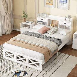 Okwish - Holzbett mit Paneelen, Doppelbett mit Holz Lattenroste, mit Aufbewahrungsfunktion, mdf + Mehrschichtplatte, Weiß, 140x200cm
