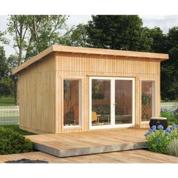 Gartenhaus Johanna aus Massiv-Holz, Gerätehaus modern mit Fußboden, Garten Holzhaus mit Panoramafenster, Home-Office-Haus 488 x 377 cm mit 70 mm