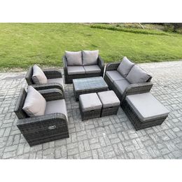 9-Sitzer Rattan Gartenmöbel Set Patio Outdoor Lounge Sofa Set mit rechteckigem Couchtisch 3 Fußhocker Liebe Sofa Dunkelgrau Gemischt - Fimous