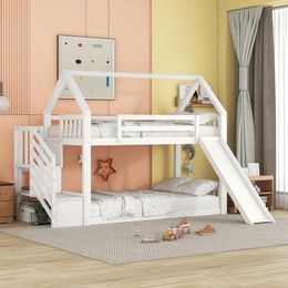Etagenbett für Kinder mit Stauraum und Rutschen, 90x200 cm, weiß