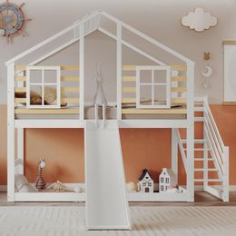 Kinder-Etagenbett, Hausbett aus Holz, mit Treppe, Rutsche und Fenster, weiß 90x200cm
