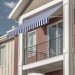 Klemmmarkise Sonnenschutz Sonnensegel Einziehbare Wasserabweisend mit Handkurbel Markise Kurbel Terrasse Gelenkarmmarkise Blau und Weiß 2M - VINGO