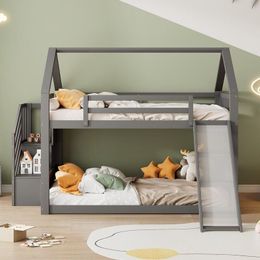 Etagenbett für Kinder mit Stauraumtreppe und Rutsche, grau, 140x200cm