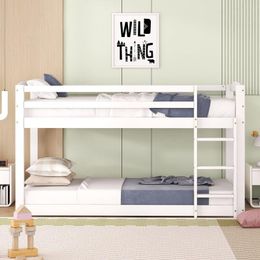 Kinderbett Etagenbett,, Massivholzbettgestell Kinderbett mit Leiter 90x200 cm - Weiß