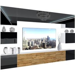 Belini - Wohnwand Vollausstattung Wohnzimmer-Set Moderne Schrankwand mit LED-Beleuchtung Anbauwand TV-Schrank Schwarz Top/Wotan Eiche untene Seiten