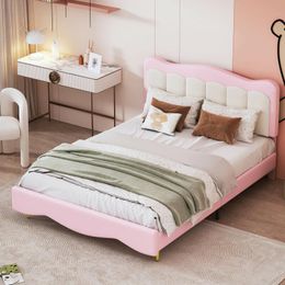 Gepolstertes Doppelbett für Kinder, süßes Mädchenbett aus PU-Leder, rosa, 140 x 200 cm