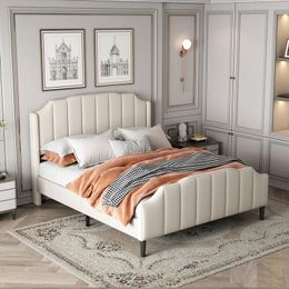 Betten Doppelbett 140 x 200 cm Bettkasten mit Kopfteil, Fußteil und Lattenrost Samt weiß - Off-Weiß