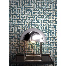 Newroom - Tapete Blau Vliestapete Leicht Glänzend - Geometrisch Grafisch Türkis Weiß Labyrinth Muster Glamour - Timba Blue