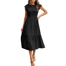 B.X Sommerkleid Damen gesmoktes Slim Fit Abendkleider Freizeit trendige Strandkleider Hohe Taille trendige Cocktailkleider kurze Ärmel Rüschen Sommerkleid