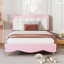 Gepolstertes Kinderbett, PU-Leder, süßes Bett für Mädchen mit Lattenrost, rosa, 90 x 200 cm