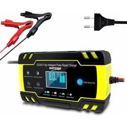 Minkurow - 12V/24V 8A Autoladegerät und Erhaltungsladegerät, Batterieladung für Auto, Motorrad, lkw, Agm-Batterie, mit LCD-Display, Gelb