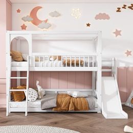 Kinder-Etagenbett mit Regal, Rutsche und Absturzsicherung, weiß, 90x200cm