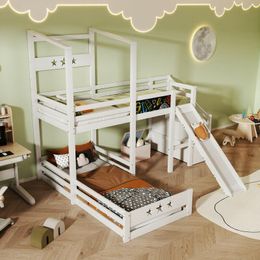 Kinderbett Etagenbett mit Treppe mit Brettern, Rutsche und Stauraum, weiß, 90x200cm