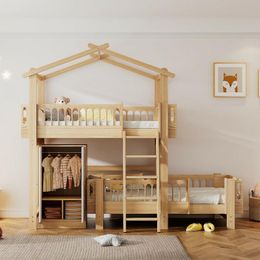 Kinder-Etagenbett mit Kleiderschrank, abnehmbarem Unterbau, Treppe, Absturzsicherung, naturfarben, 90x200 cm
