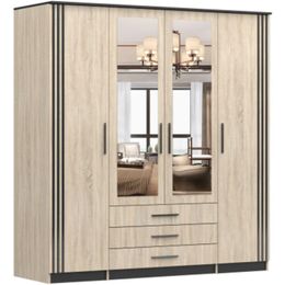 E-meubles - Kleiderschrank mit 3 Schubladen Drehtürenschrank Falttürenschrank mit Spiegel 4-türig Schrank mit Einlegeböden und Kleiderstange Gaderobe