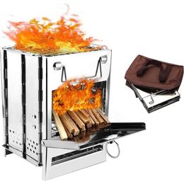 Tragbarer Edelstahl-Holzofen mit Aufbewahrungstasche und Fadensäge, faltbarer Holzofen für Grillen im Freien, Grillen, Wandern, Reisen, Picknick