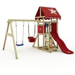 Klettergerüst Spielturm DinkyStar für Kleinkinder mit Rutsche und Kinderschaukel, Babyschaukel mit Sicherheitsgurten, 10 Jahre Garantie - rot - Wickey
