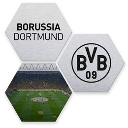Borussia Dortmund - Alu-Dibond Poster Fußball Logo 3er Set Signal Iduna Park BVB Vintage Silber Metalloptik 25x22cm - silber