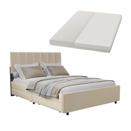 Juskys Samt Polsterbett Soria 140x200 cm mit Matratze, Lattenrost & Schubladen - Bett Beige