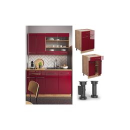 VICCO Schubunterschrank Küchenschrank Küchenmöbel Fame-Line Eiche Rot Bordeaux modern 60 cm Küche Einbauküche Drehtür Schublade Einlegeboden Blende Küchenzeile Hochglanz