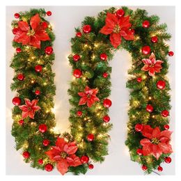 MINKUROW Künstliche Weihnachtsbaumgirlande, 270 cm Weihnachtskränze und Lametta mit roter LED-Blume und roter Kugel, Dekoration Weihnachtsgirlanden