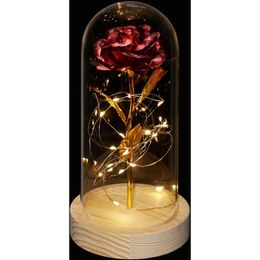 Ewige Rose im Glas, mit LED-Beleuchtung, Kunstrose als Mutter-, Jahres- oder Valentinstaggeschenk, rot/gold - Relaxdays