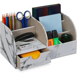 Schreibtisch Organizer, Schublade & 6 Fächer, Marmoroptik, hbt: 14,5 x 28 x 14,5 cm, Büroorganizer, weiß/grau - Relaxdays