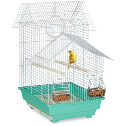 Relaxdays - Vogelkäfig, Käfig für kleine Kanarienvögel, Sitzstangen & Futternäpfe, 50 x 42,5 x 33,5 cm, hellblau/mintgrün
