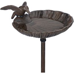 Relaxdays - Vogeltränke zum Stecken, Wasserschale mit Vogel, frostsicher, Gartenstecker, 100 cm hoch, Gusseisen, braun