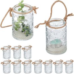 Windlicht, 12er Set, Glas mit Henkel, innen & außen, 10,5 x 7 cm, Hochzeit Teelichthalter, transparent/braun - Relaxdays