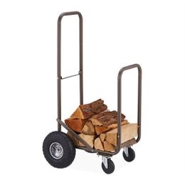 Relaxdays - Kaminholzwagen mit Luftreifen, 360° Rollen, Holzwagen bis 60 kg, für 33 cm Scheite, Brennholz-Sackkarre, braun