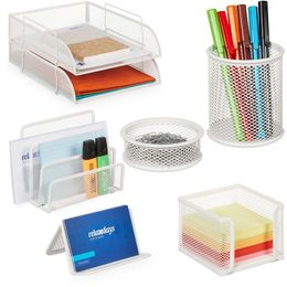 Schreibtisch Organizer Set, 7-tlg., Metall, Ablagefächer, Zettelbox, Brief-, Büroklammer- & Stiftehalter, weiß - Relaxdays