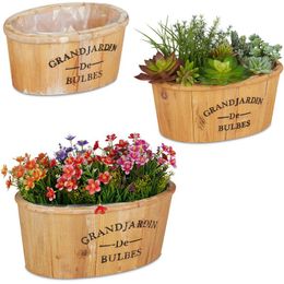 Blumenkasten 3er Set, Garten & Fensterbank, Pflanzgefäße Landhausstil, 3 Größen, mit Folie ausgekleidet, natur - Relaxdays